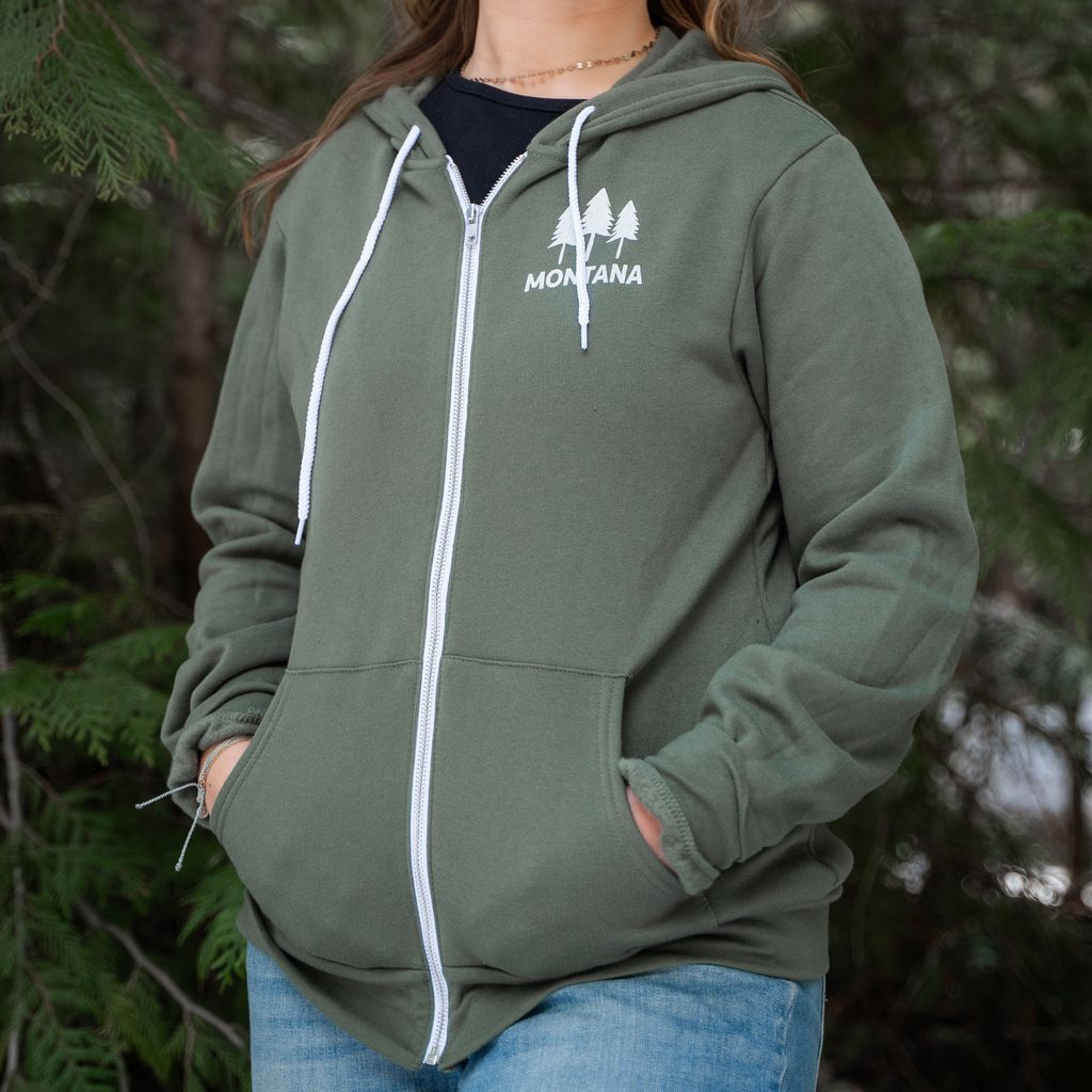 Montana Three Tree Unisex Zip Hoodie - Military Green - Discontinued ...